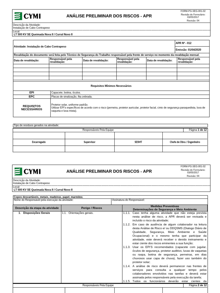 12 - FORM-PG-SEG-001-02 Rev4 - Instalação de Cabo Contrapeso Atual ...
