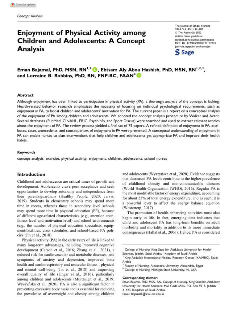 Bajamal Et Al 2022 Enjoyment of Physical Activity Among Children and Adolescents A Concept ...