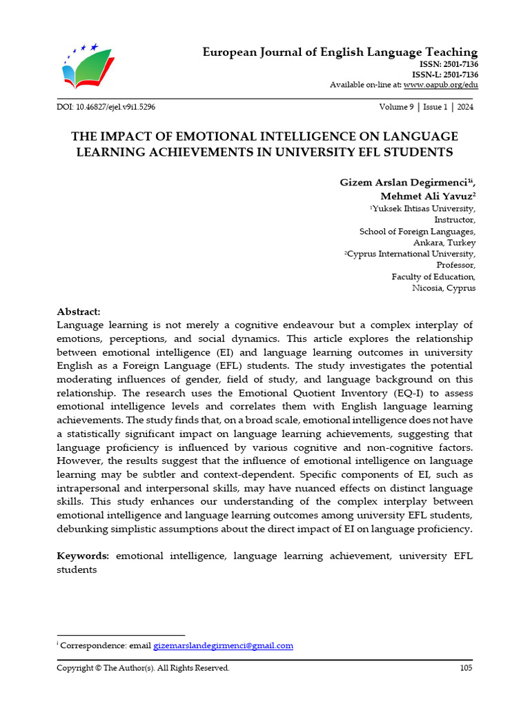 The Impact of Emotional Intelligence On Language Learning Achievements ...