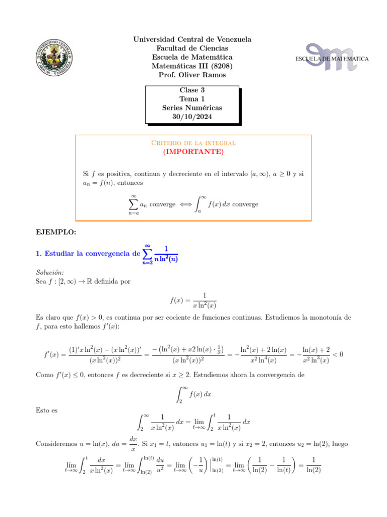 Clase 3. Series Numéricas 301024 Mat3 | PDF | Integral | Conceptos matemáticos
