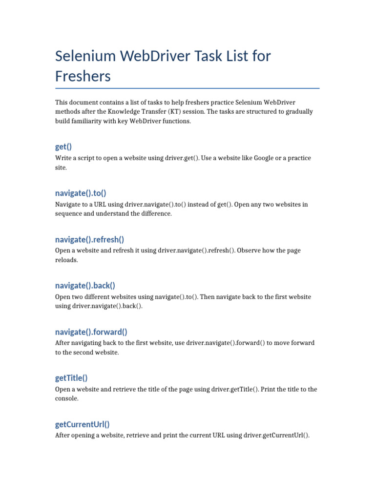 Selenium WebDriver Tasks For Freshers | PDF