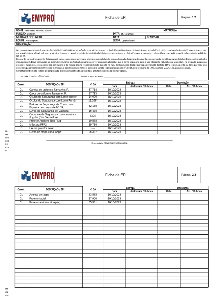 Ficha de Entrega de EPIs - EMYPRO | PDF