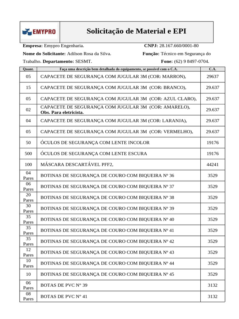 Solicitação de EPIs | PDF | Capacete | Cor