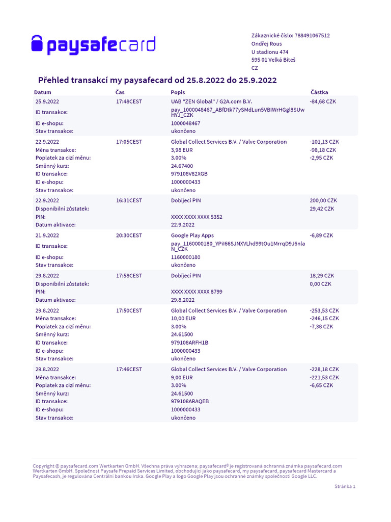 Paysafecard Account Transactions | PDF