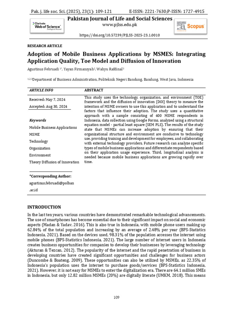 Adoption of Mobile Business Applications by MSMES: Integrating Application Quality, Toe Model ...