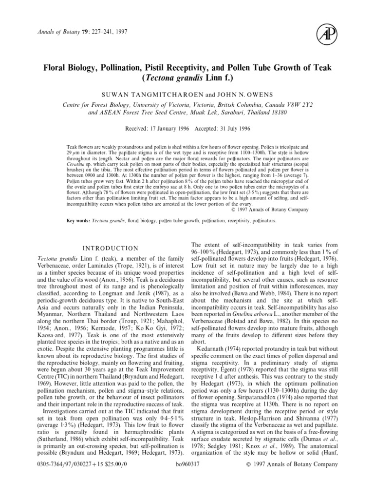 Floral Biology, Pollination, Pistil Receptivity, and Pollen Tube Growth ...