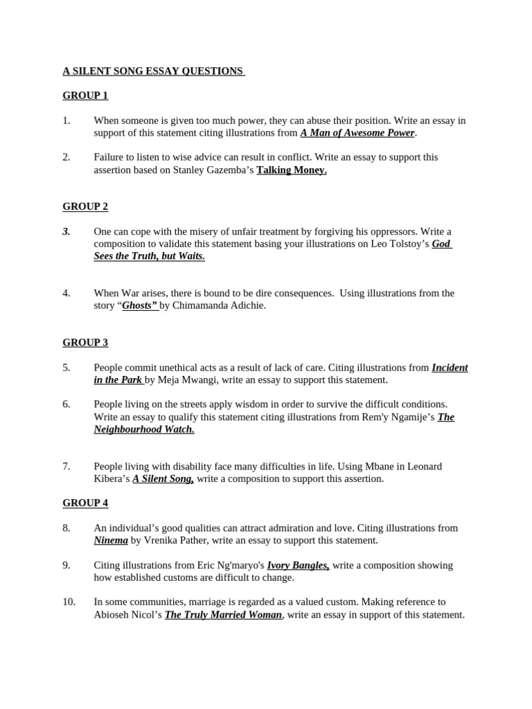Silent Song Essay Questions Guide | PDF | Social Science | Language ...