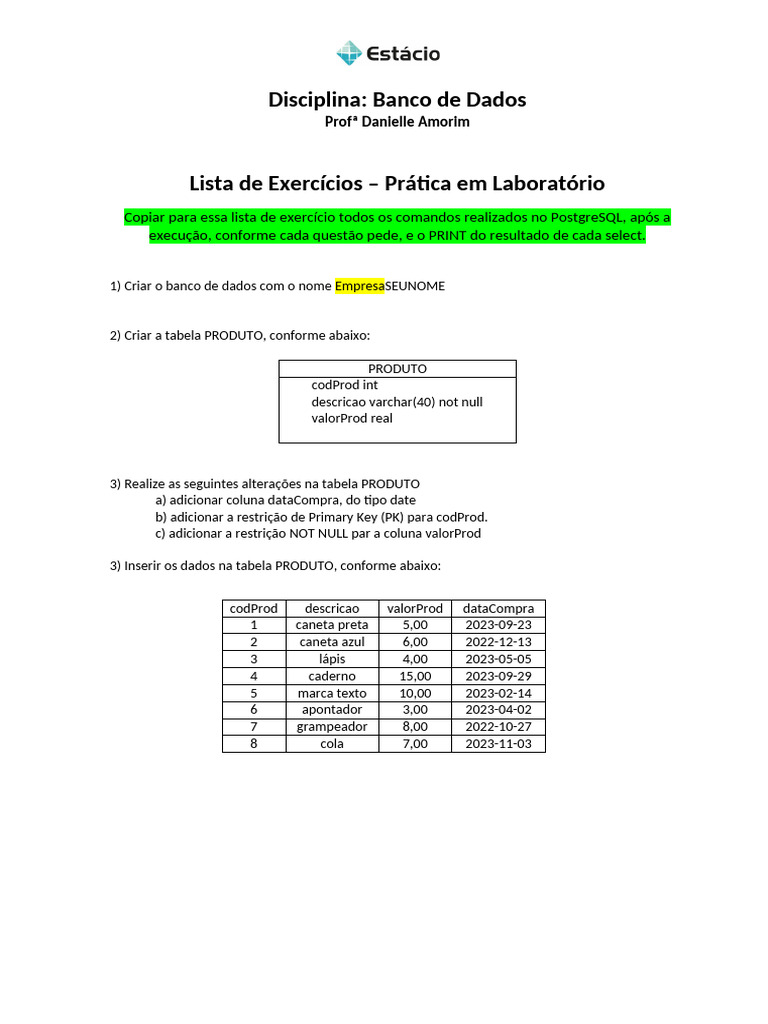 3 - POSTGRESQL - LISTA DE EXERCICIO 3 - Quarta Manha | PDF