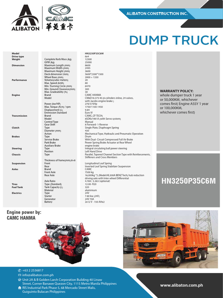 CAMC Dump Truck Specifications | PDF | Brake | Truck