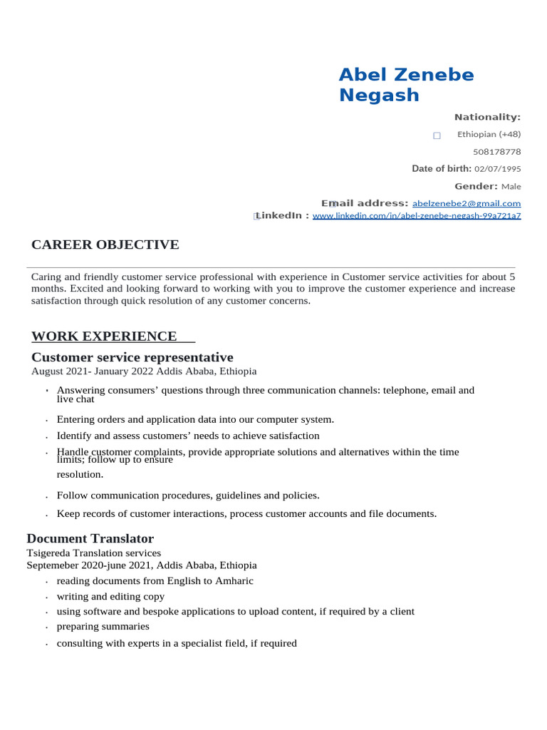 Abel Zenebe Negash Resume | PDF | Microsoft Office | Communication