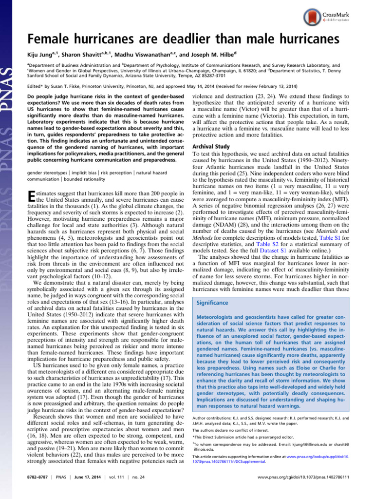 Jung Et Al 2014 Female Hurricanes Are Deadlier Than Male Hurricanes | PDF | Tropical Cyclones | Risk
