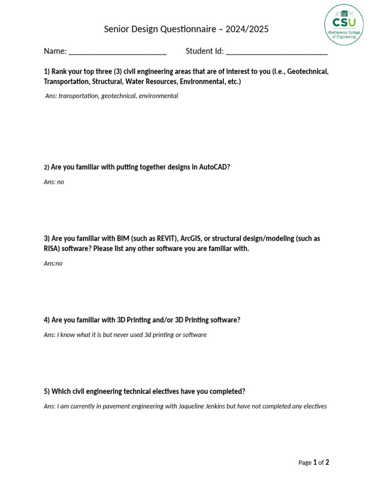 Senior Design Questionaire | PDF