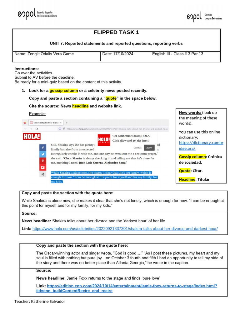 E3 FLIPPED TASK 1 UNIT 7 VERA | PDF | Question | Linguistics