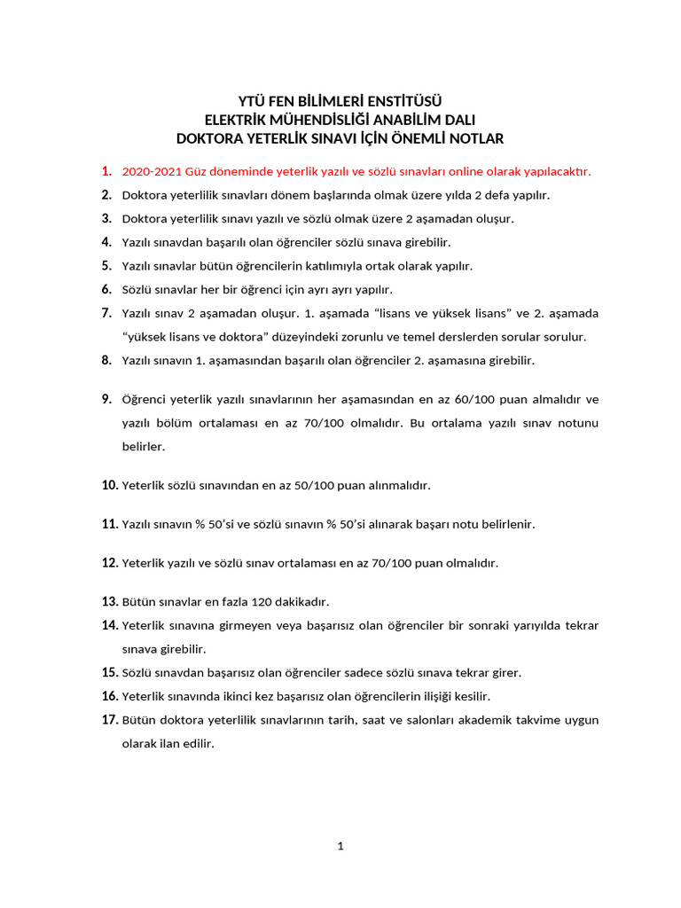 2020-2021 Güz Yeterlik Sınavı İçin Önemli Notlar 19 - 10 - 2020 | PDF
