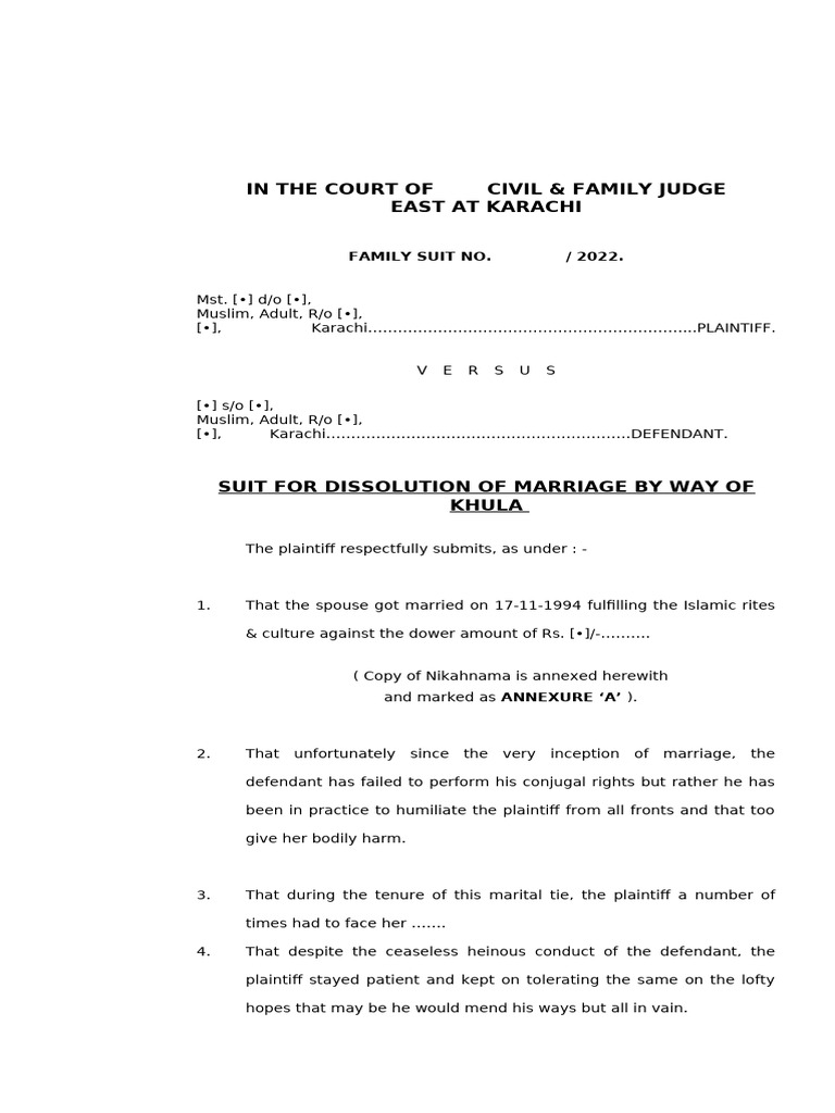 Khula Marriage Dissolution Suit | PDF | Lawsuit | Marriage