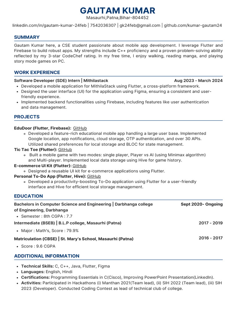 Flutter Resume | PDF | Mobile App | User Interface