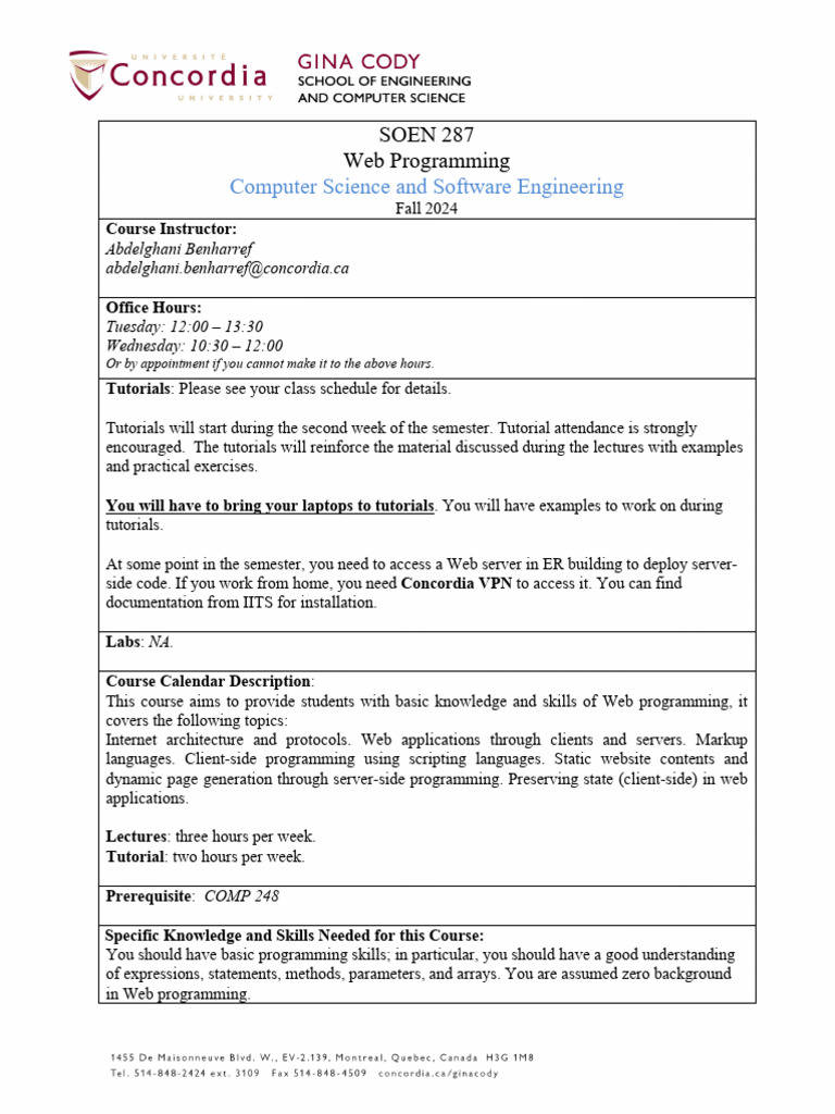 SOEN 287 - Course Outline | PDF | World Wide Web | Internet & Web