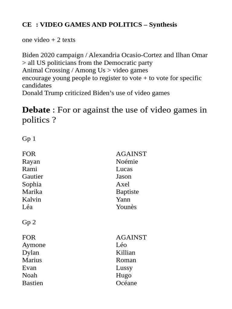 Debate For or Against The Use of Video Games in Politics | PDF