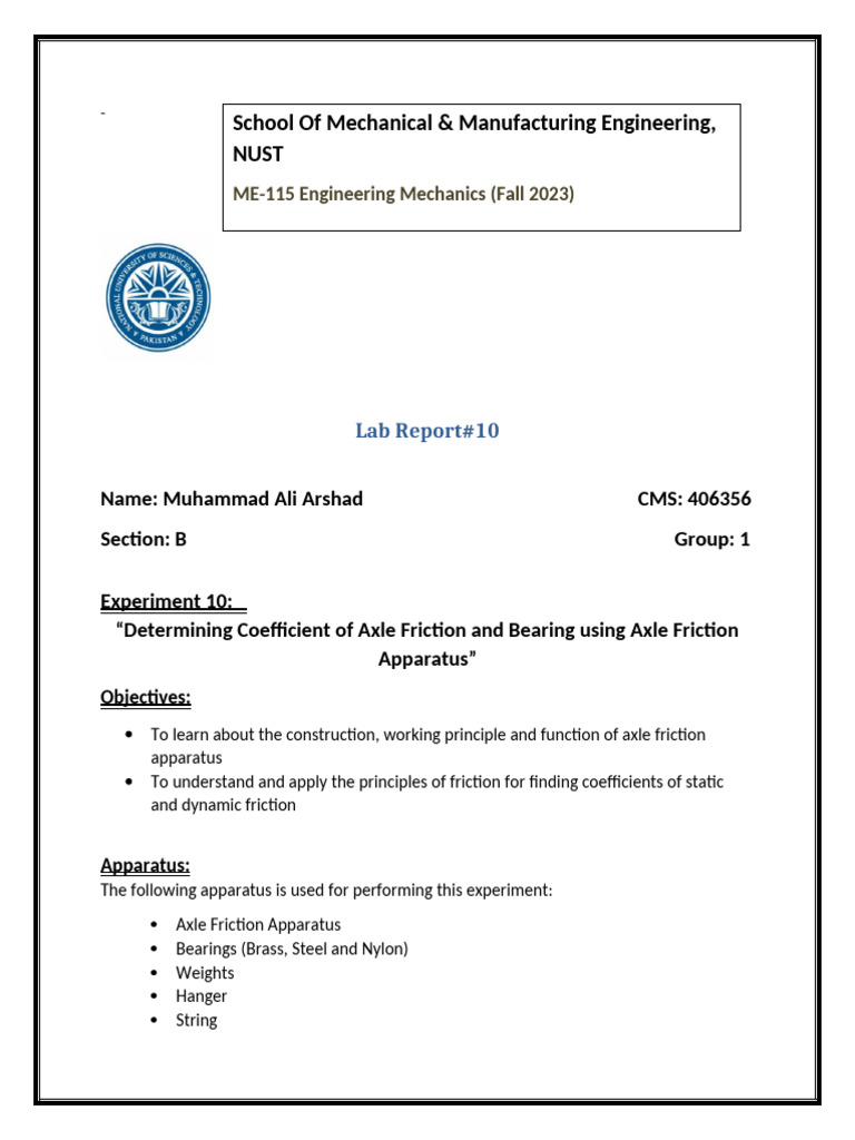 Engineering Mechanics Lab Report 9 Ali | PDF | Friction | Force