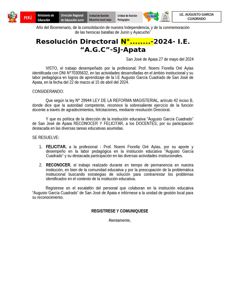 Modelo de Resolución de Felicitación | PDF | Viajes y turismo