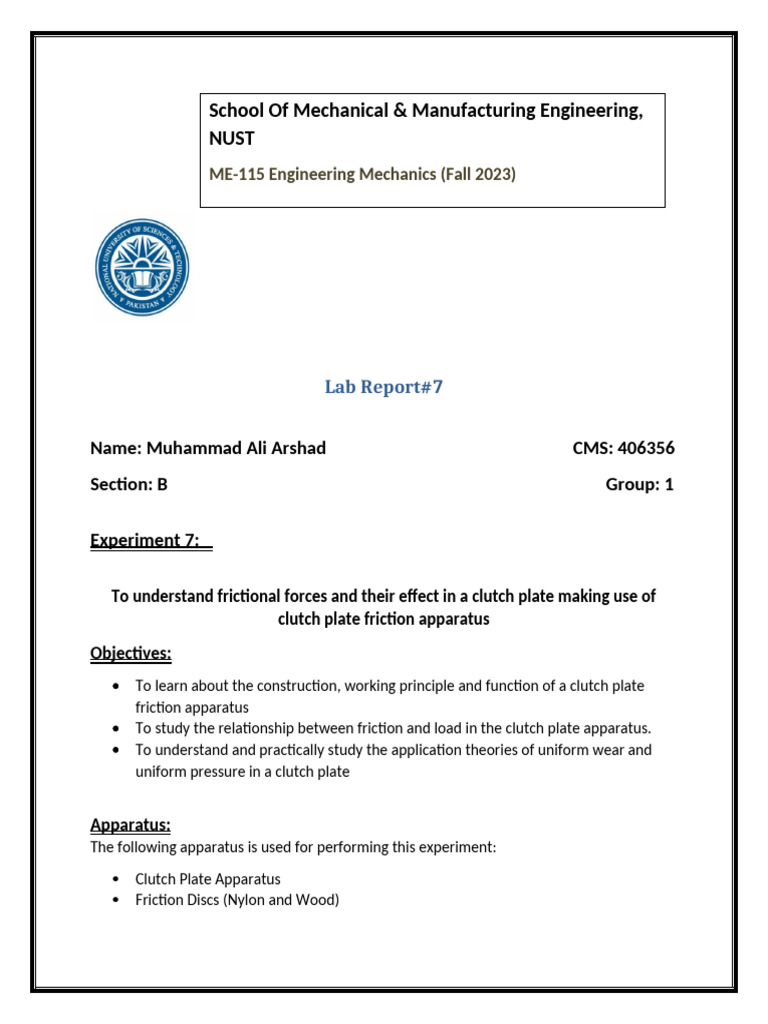Engineering Mechanics Lab Report 7 Ali 2 | PDF | Friction | Clutch