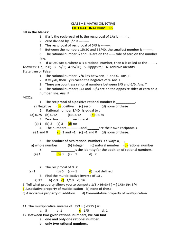 Class 8 Rational Numbers MCQs | PDF | Numbers | Rational Number