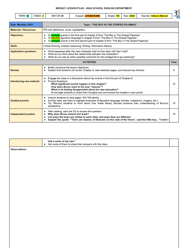 High School Literature Lesson Plan | PDF | Thought | Lesson Plan