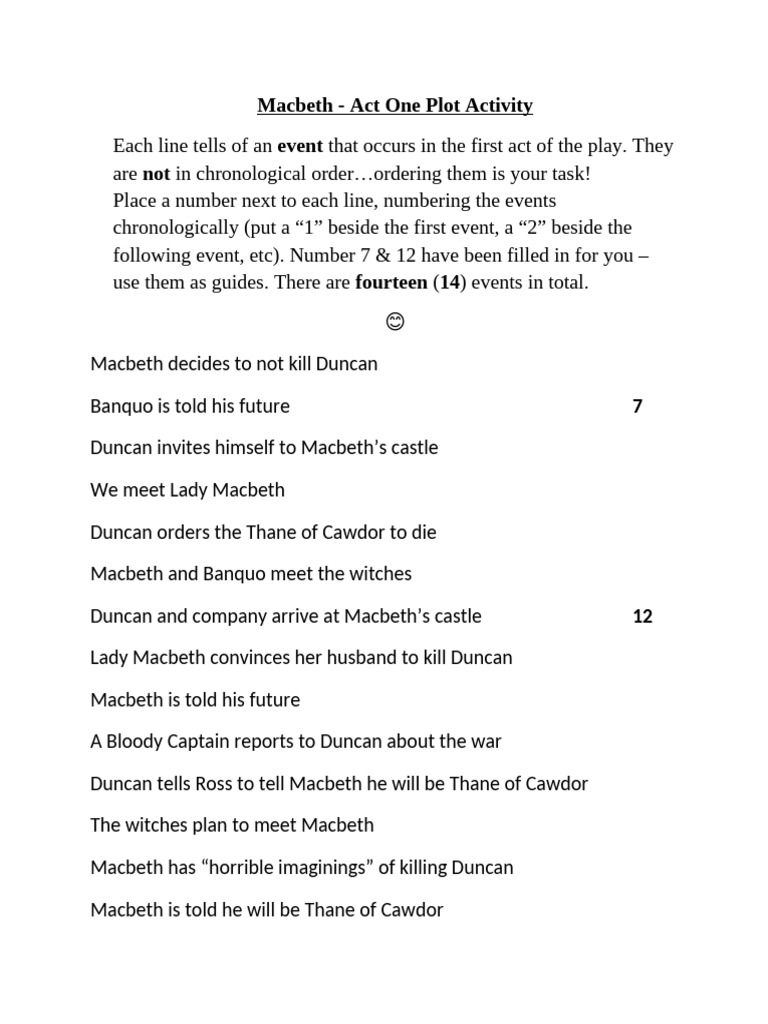 Macbeth - Act One Plot Activity Event Not | PDF