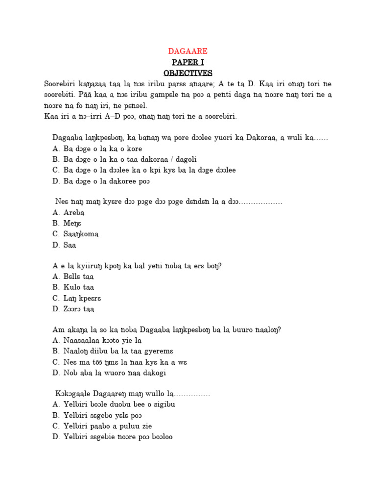 2024 BECE Dagaare Sample Questions | PDF | Ghana