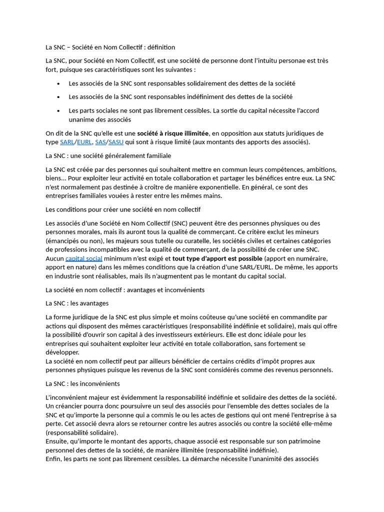 Comprendre la Société en Nom Collectif (SNC) | PDF | Impôt sur le ...