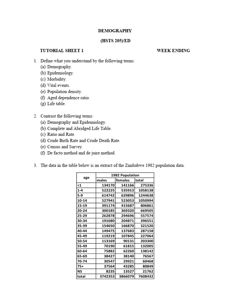 DEMOGRAPHY Tutorial 1 2020 | PDF | Social Science