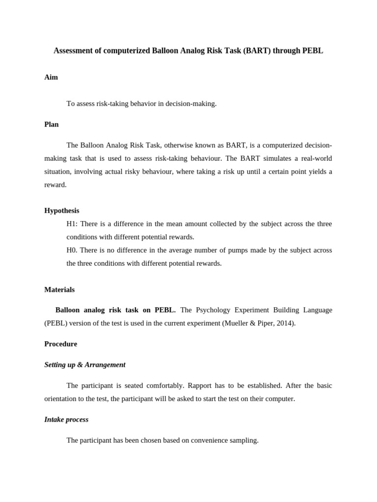 BART: Online Risk Assessment Method | PDF | Risk | Experiment
