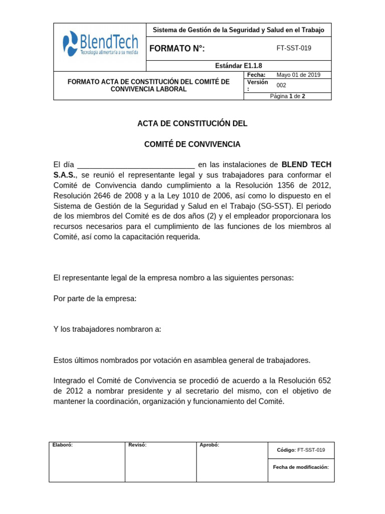 FT-SST-019 Formato Acta de Constitución Del Comité de Convivencia Laboral | PDF | Gobierno