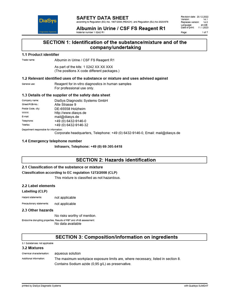 Albumin_in_Urine_CSF_FS_Reagent_R1-en-DE-14-1 | PDF | Dangerous Goods ...