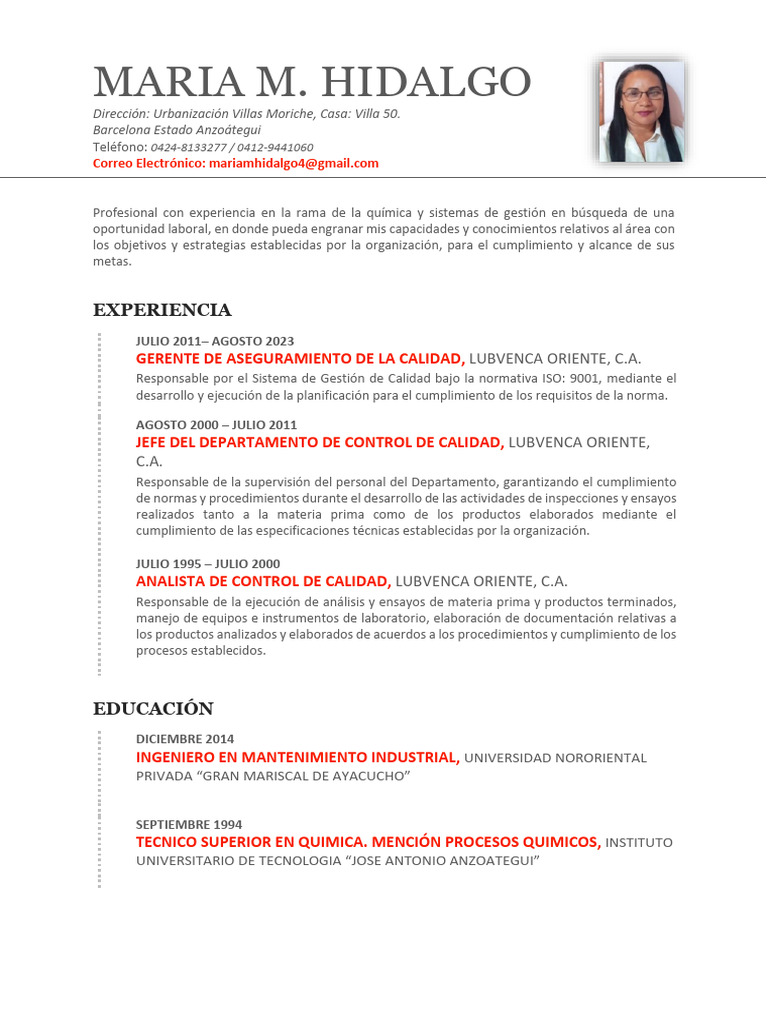 Cv-Maria Hidalgo | PDF | Calidad (comercial) | Laboratorios