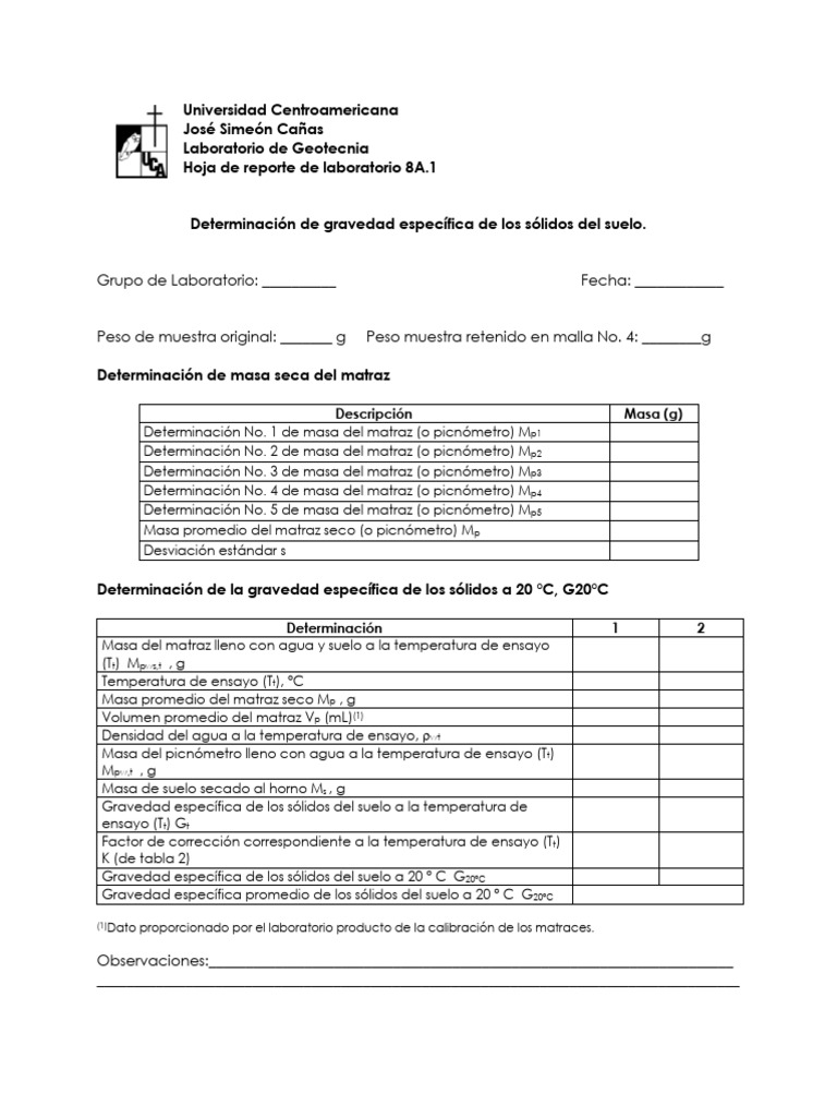 G08A. Gravedad Específica de Los Sólidos, Hojas para Reporte | PDF