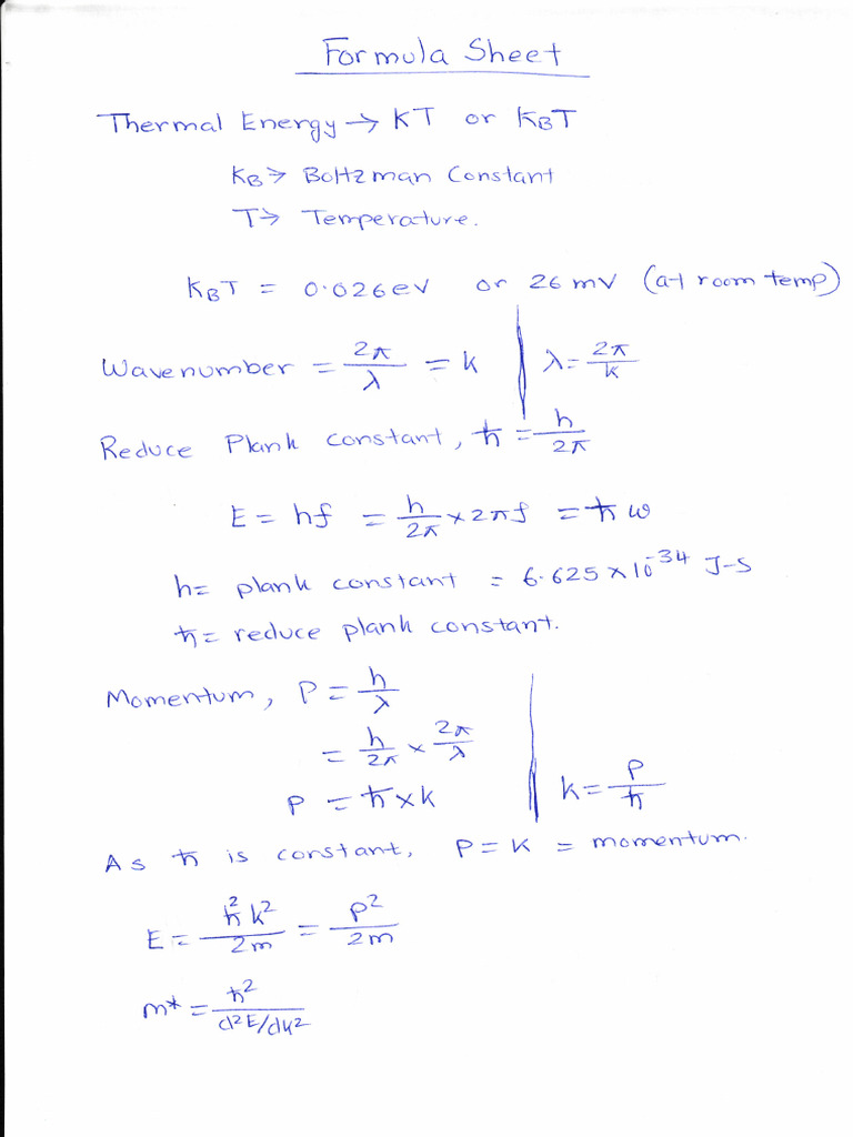 Semiconductor Formula Sheet - Exam 1 | PDF