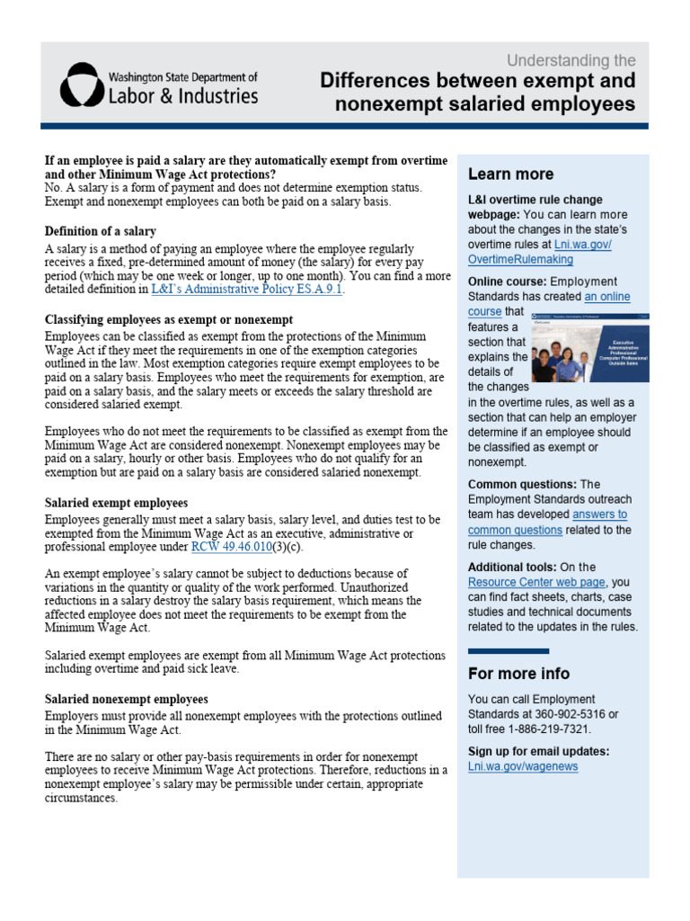 Exempt Vs Nonexempt Fact Sheet | PDF | Salary | Overtime