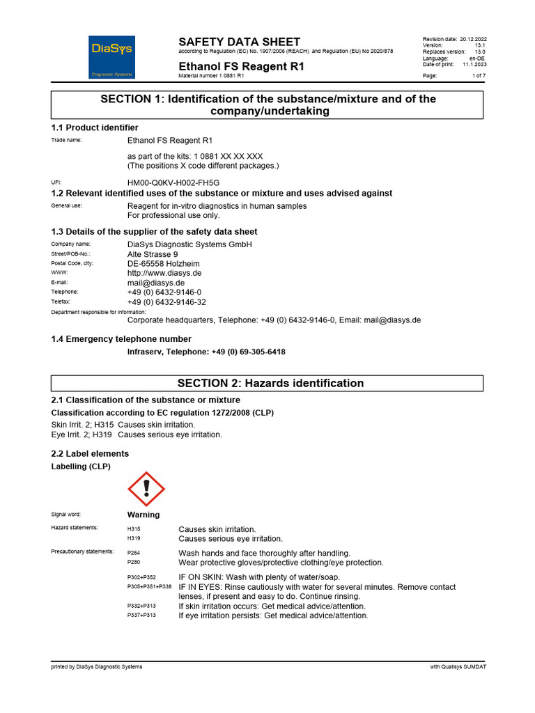 Ethanol - FS - Reagent - R1 en DE 13 1 | PDF | Dangerous Goods | Waste