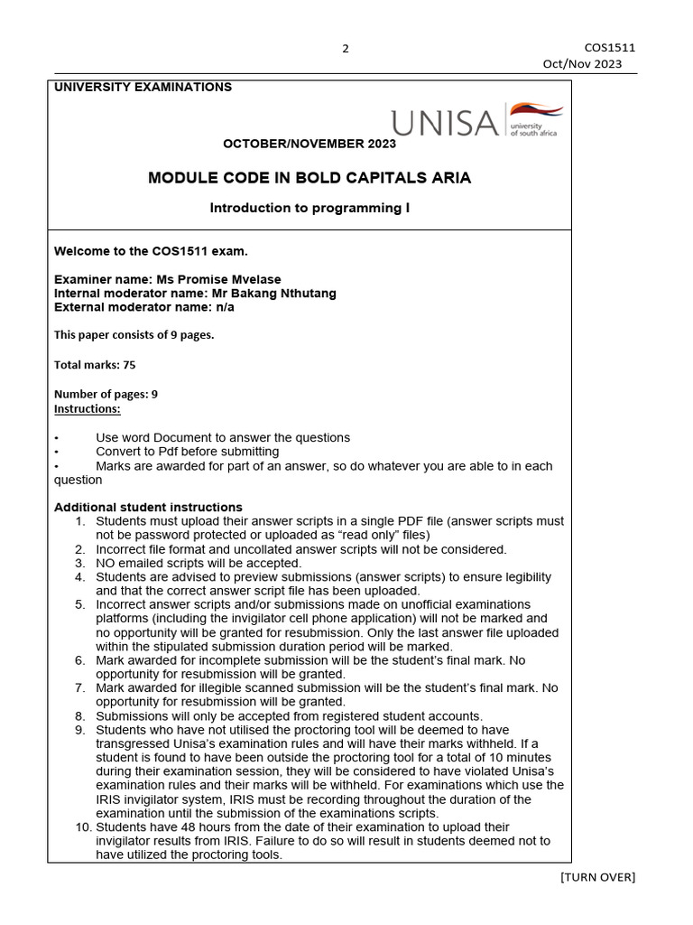 COS1511 Oct-Nov 2023 Exam | PDF | Parameter (Computer Programming) | String (Computer Science)