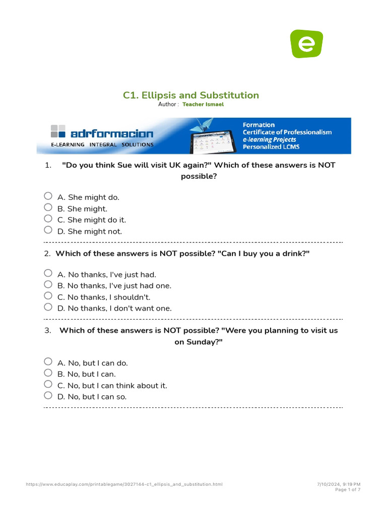 Print Quiz - C1. Ellipsis and Substitution | PDF