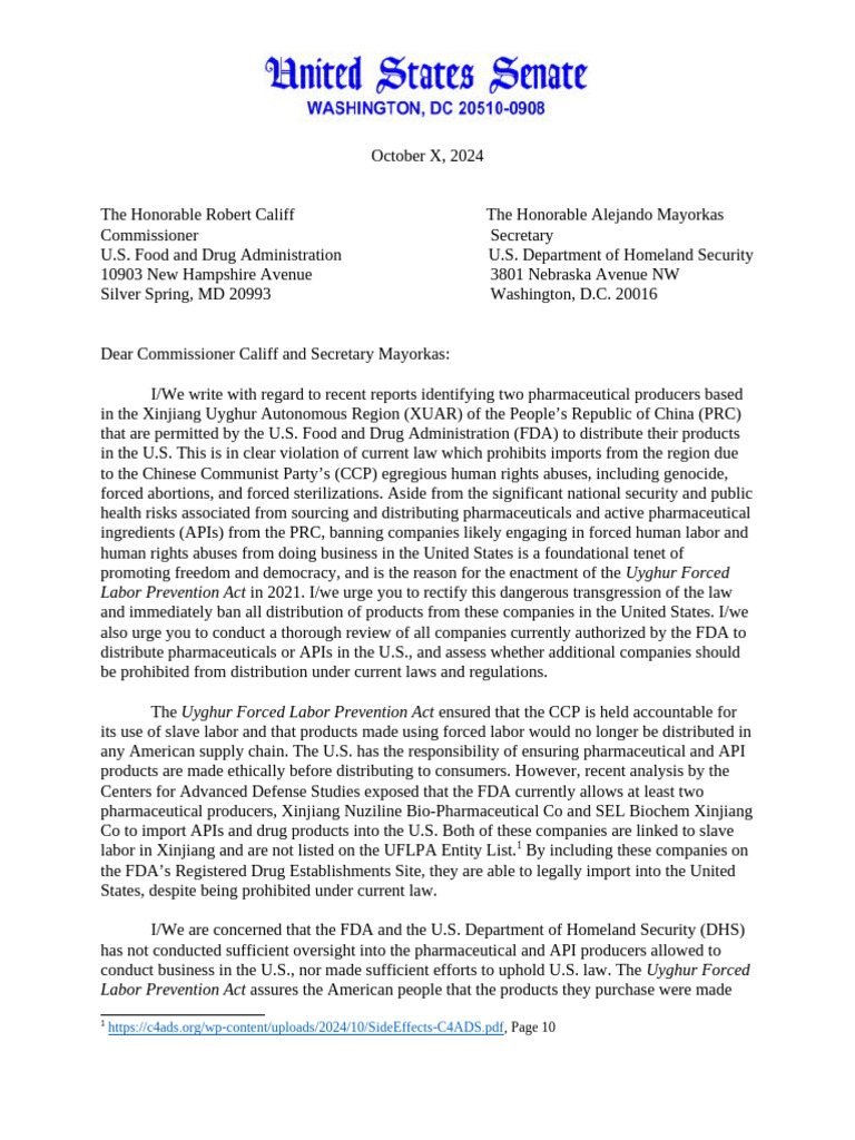 10.30.24 Letter To FDA Re Ban On Pharmaceuticals From Xinjiang | PDF ...