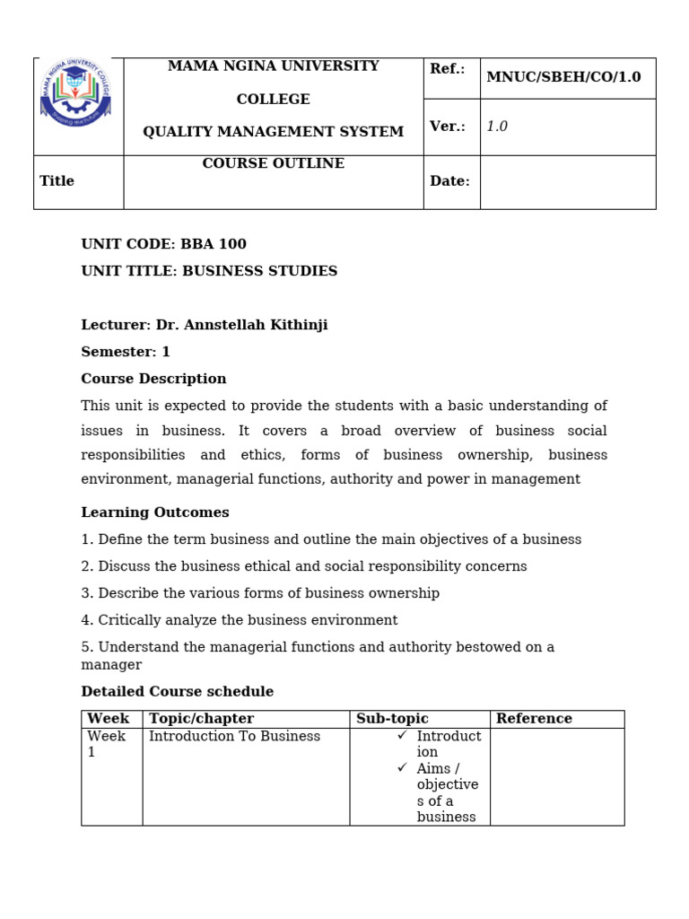 BBA 100 - Course Outline - Mama Ngina | PDF | Partnership | Companies