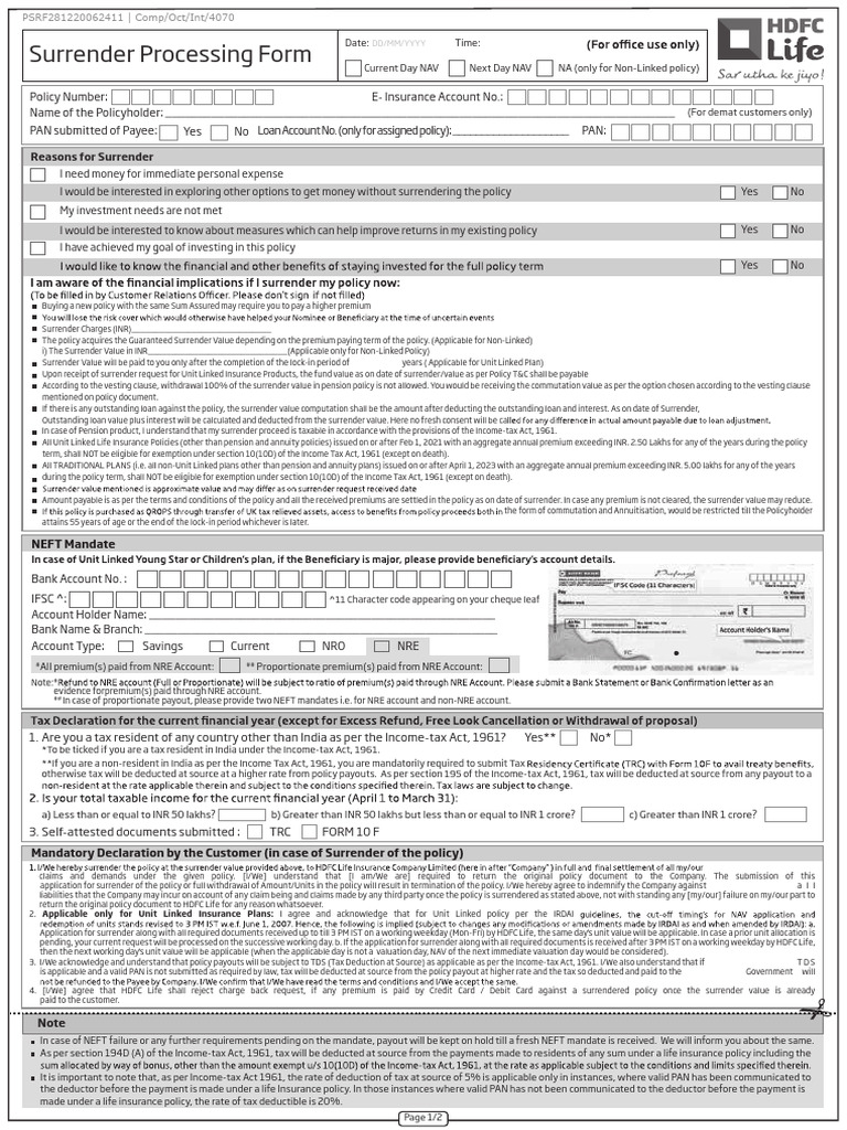 Surrender Processing Form | PDF | Insurance | Income Tax