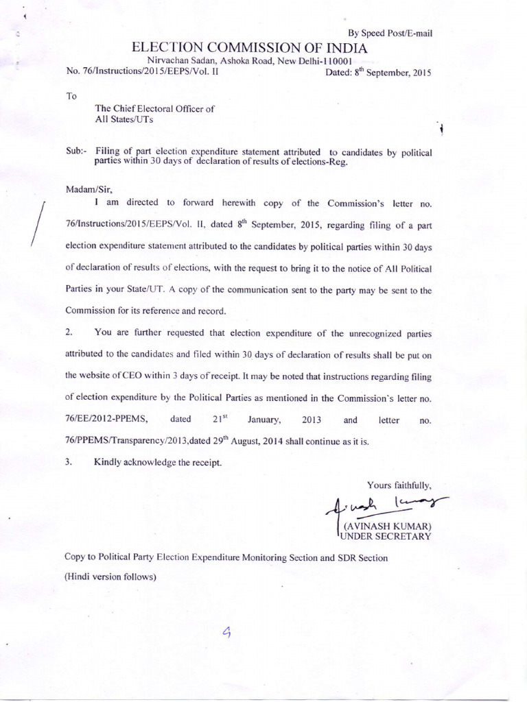 Filing of Part Election Expenditure Statement Attributed To Candidates ...