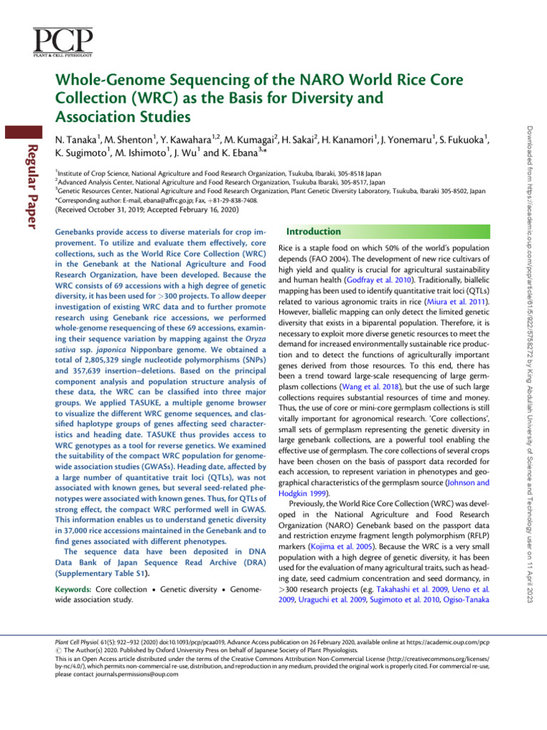 2020.tanaka Et Al - Whole-Genome Sequencing of The NARO World Rice Core Collection (WRC) As The ...