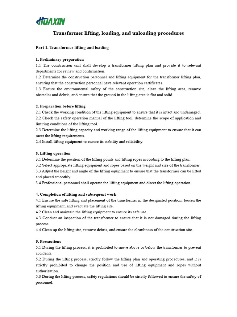 Transformer Lifting, Loading, and Unloading Procedures | PDF | Safety | Reliability Engineering