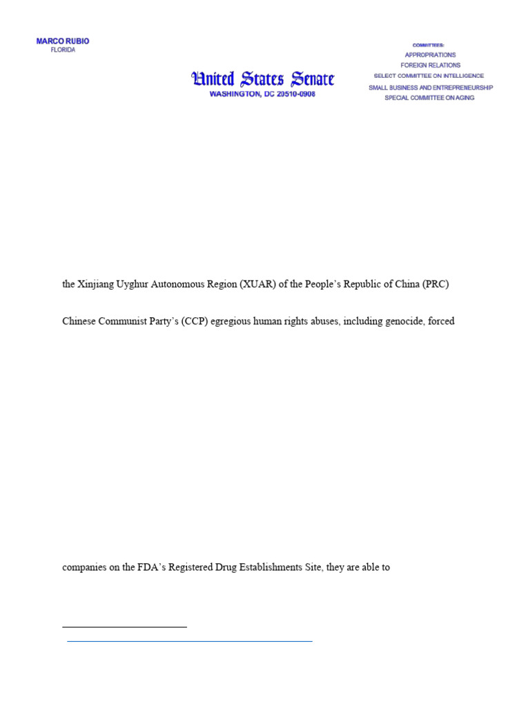 Rubio Letter To FDA Re Ban On Xinjiang Pharmaceuticals 10.30.24 | PDF ...