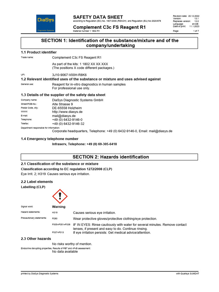 Complement C3c FS Reagent R1 en de 13 1 | PDF | Dangerous Goods | Waste