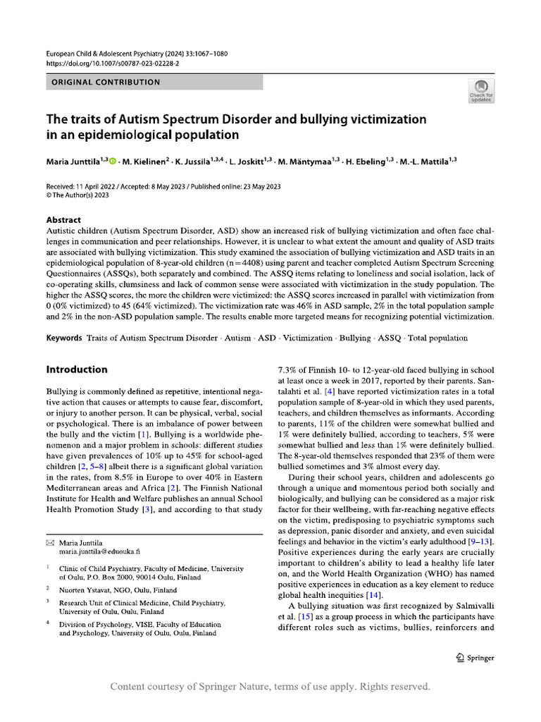 The Traits of Autism Spectrum Disorder and Bullying Victimization in An ...